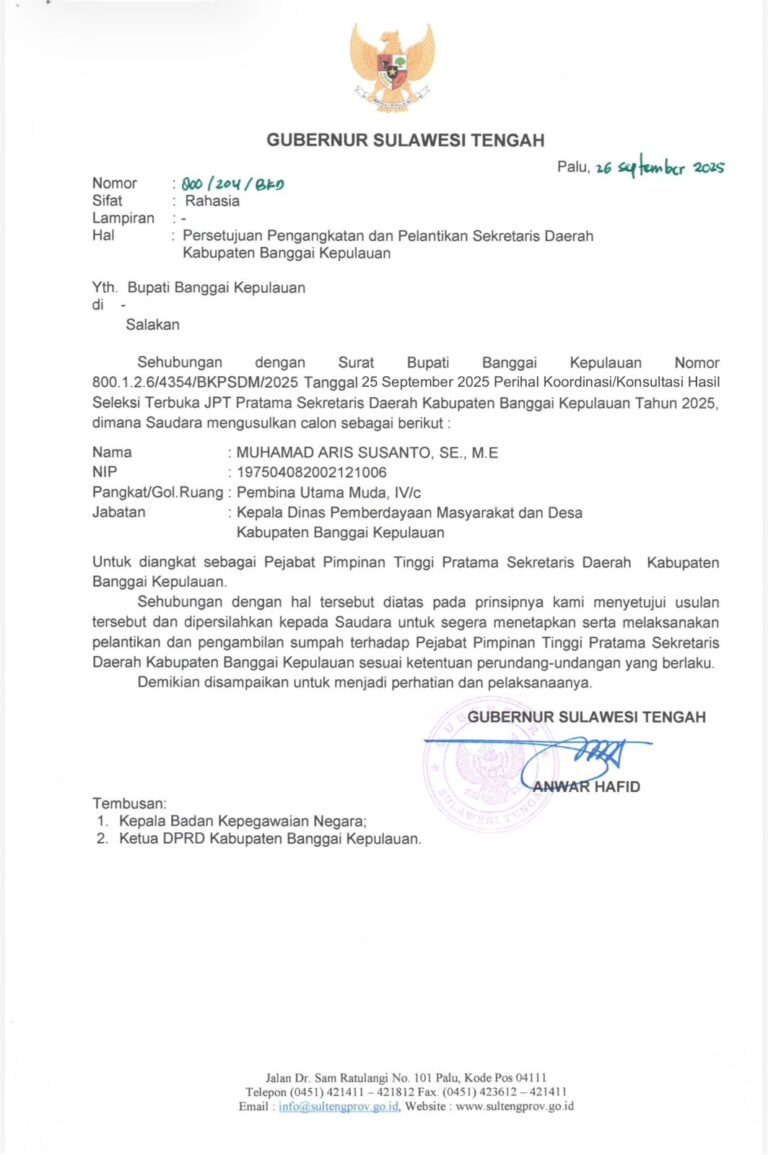 Gubernur Sulteng Setujui Pengangkatan dan Pelantikan Muhammad Aris ...